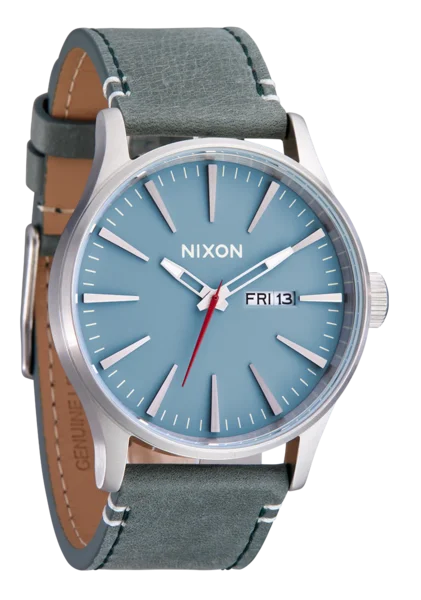 Nixon - Sentry Leather Watch - Silver / Dusty Blue / Dk Forest ...